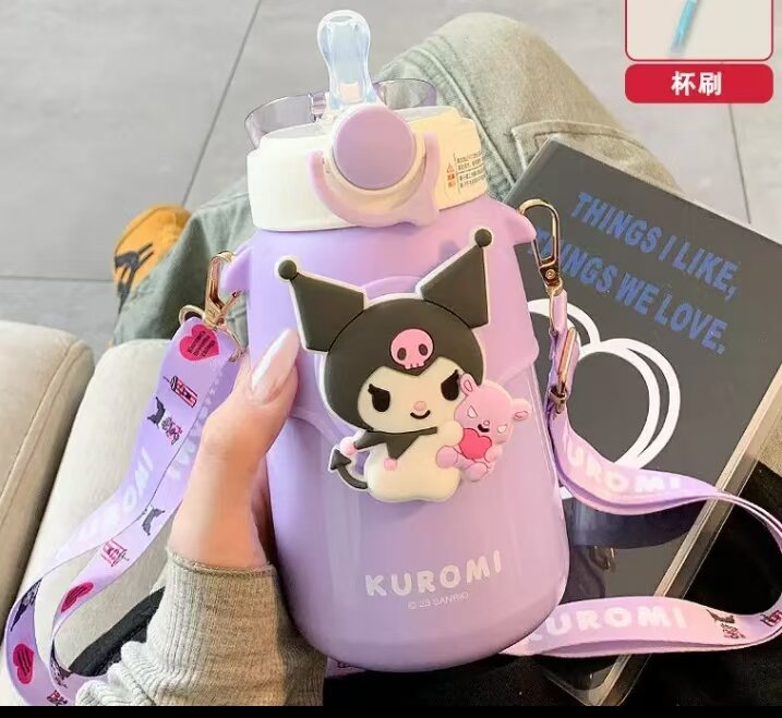 Термокружка Kuromi "Hello Kitty", силикон, крышка с трубочкой, 570мл