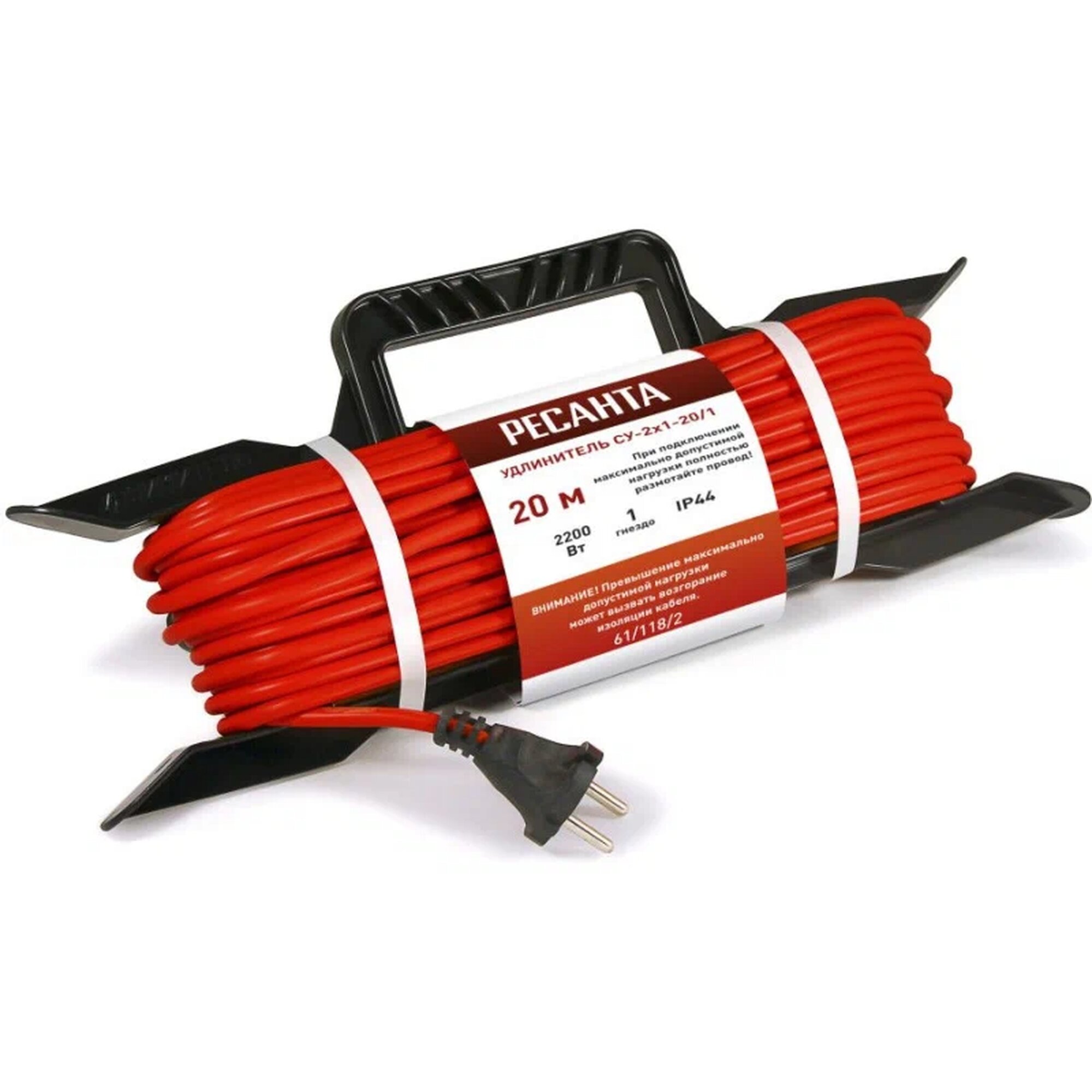Удлинитель силовой Ресанта СУ-2х1-20/1 (IP44), 20м, розеток 1шт, красный (61/118/2)
