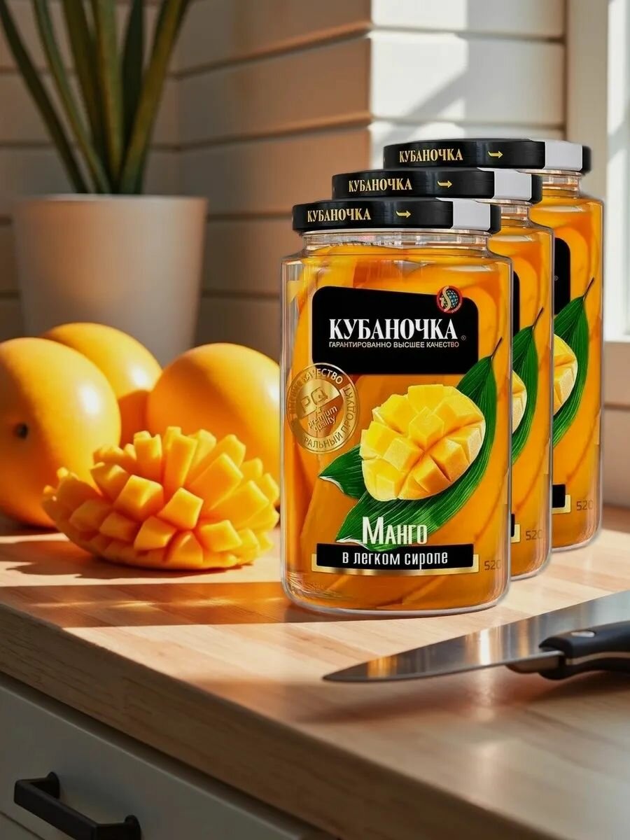 Кубаночка "Манго в сиропе", дольки, 520г.-3 банки