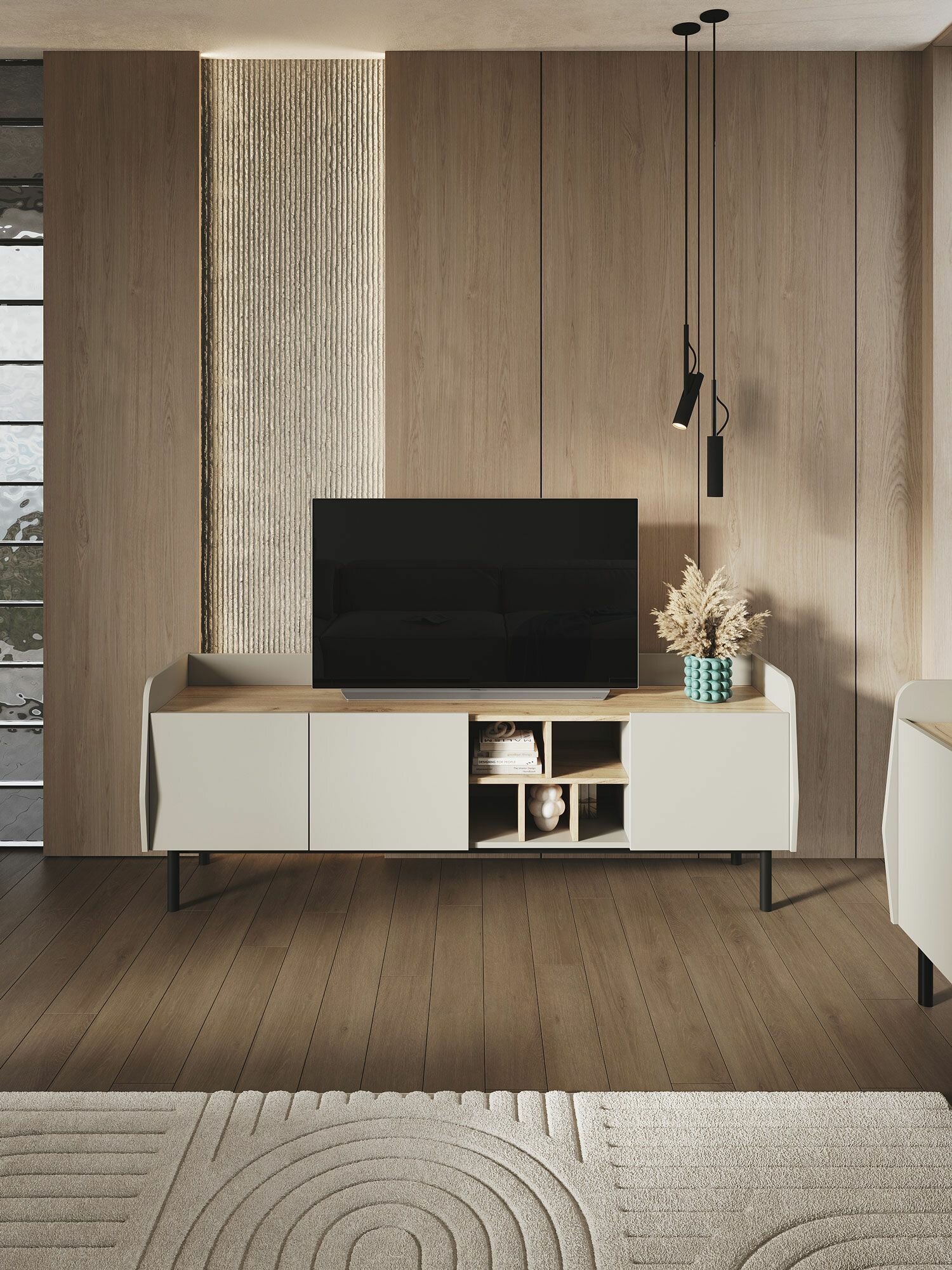 Тумба под телевизор напольная Бруно Комби ТВ с полками, 180.6х43.7х62.5 см, Шалфей / Дуб Крафт золотой