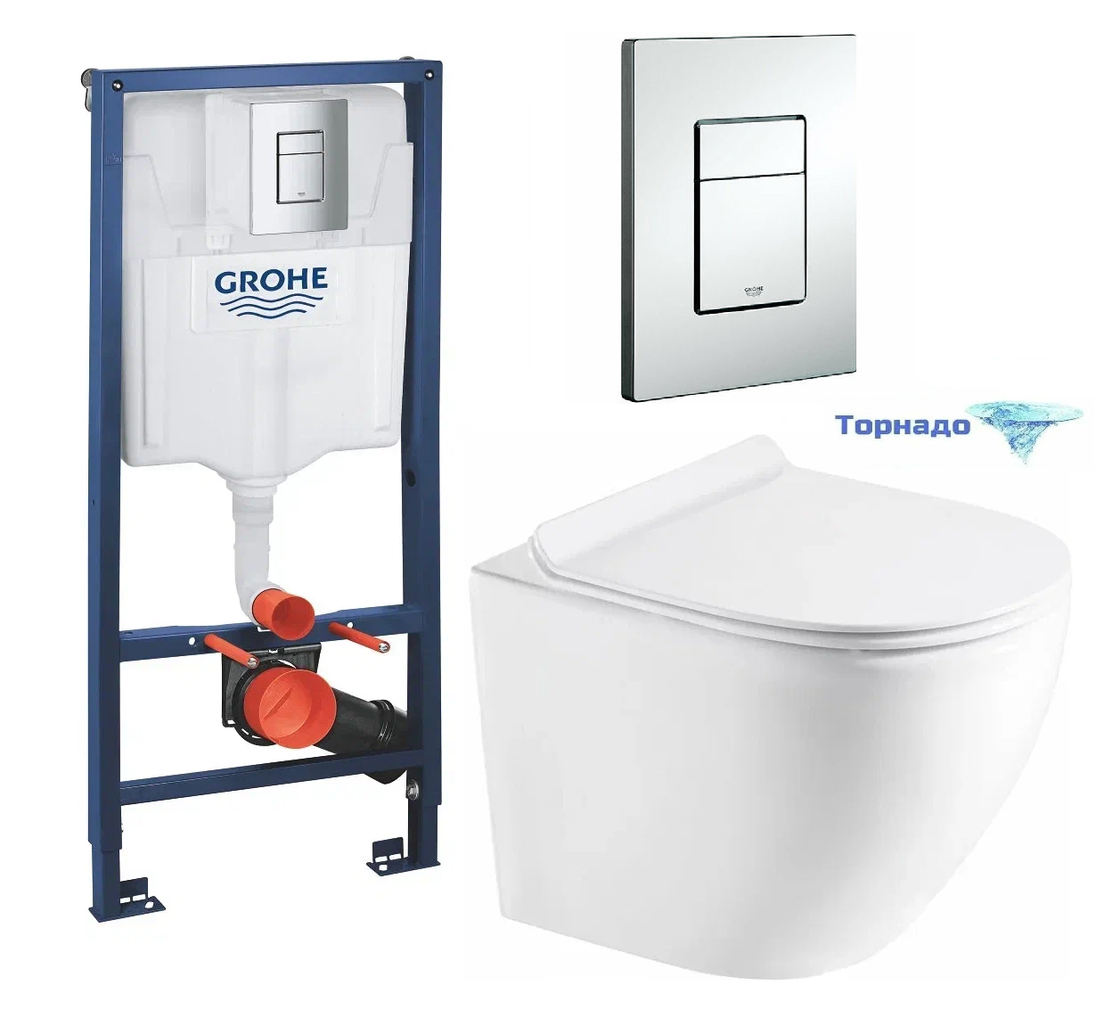 Комплект ПЭК подвесной унитаз (система смыва торнадо) с быстросъемным сиденьем микролифт и инсталляцией GROHE Rapid SL с квадратной кнопкой хром 38772001