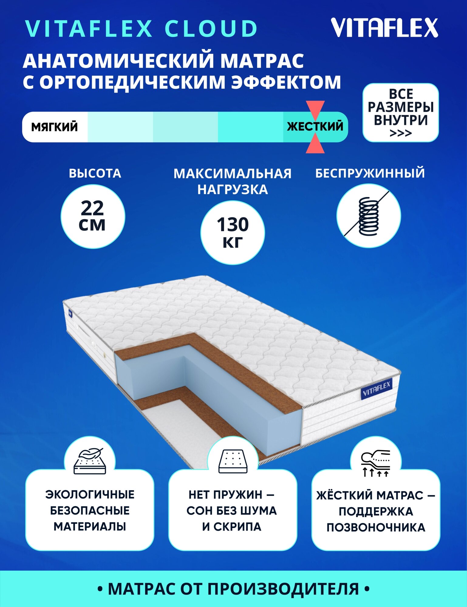 Матрас Vitaflex Cloud 70х200 серии Lux высота 22 см анатомический жесткий кокосовый Беспружинный