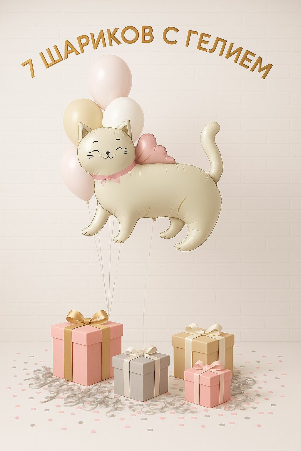 Фольгированные воздушные шары с гелием надутые в фонтан из латексных шаров "Милая кошечка с бантиком", 7 шт
