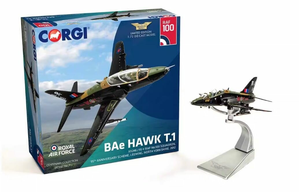 Corgi AA36013 1/72 Готовая модель учебно-боевого самолета BAE Hawk T.1, 100-я эскадрилья Королевских ВВС (RAF)