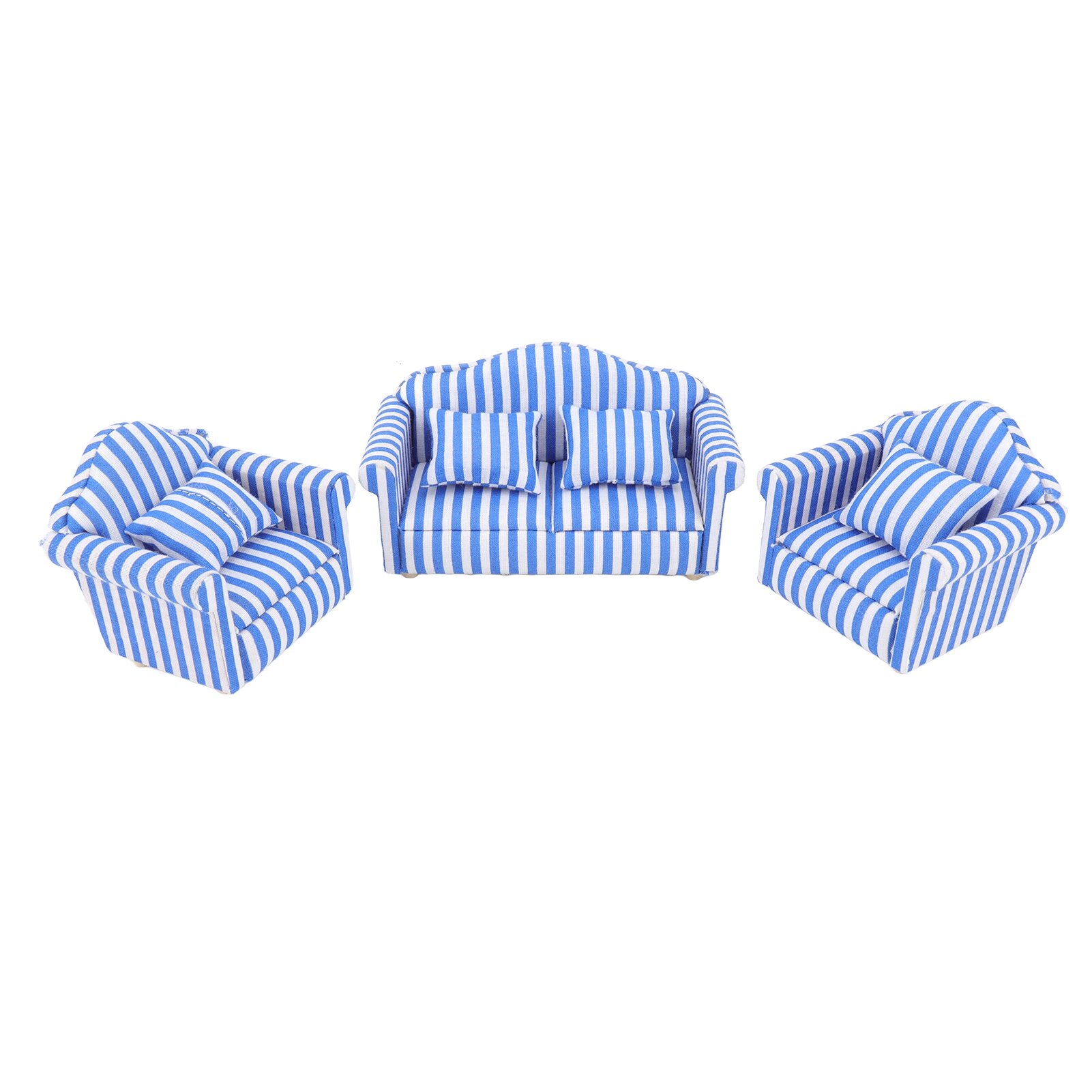 3 предмета: диван для кукольного домика, двухместный диван с обивкой из сосны и 2 одноместных дивана, миниатюрный диван с цветной полосой для кукольного домика масштаба 1:12, синий.