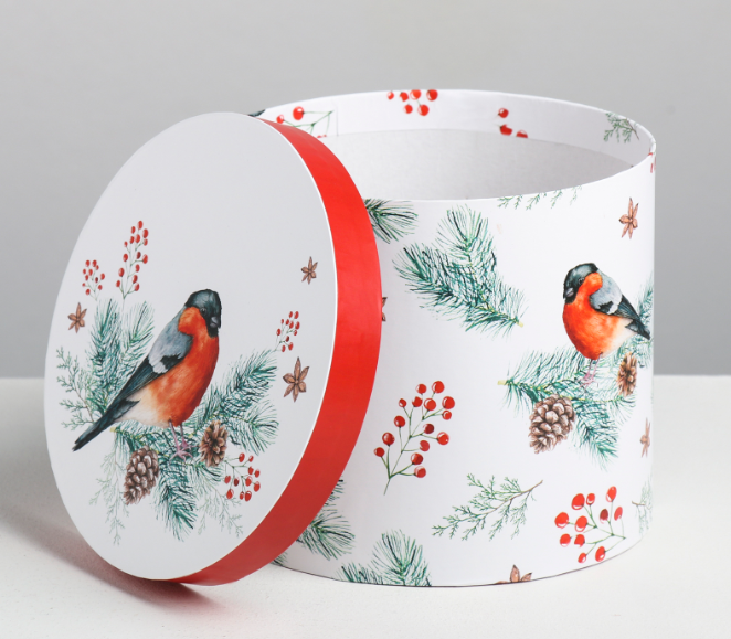 Коробка подарочная круглая 14х16см снегири