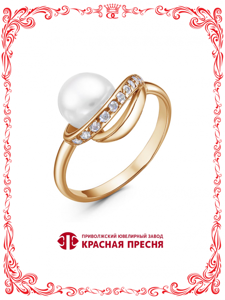 Кольцо, серебро, 925 проба, золочение, фианит, жемчуг культивированный