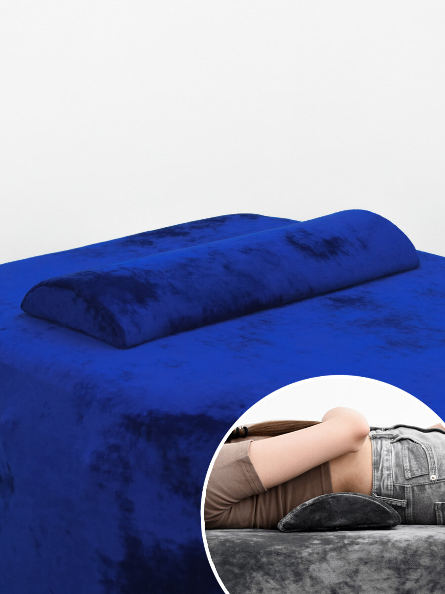 Подушка под спину, валик полувалик под поясницу велюровый, темно-синий