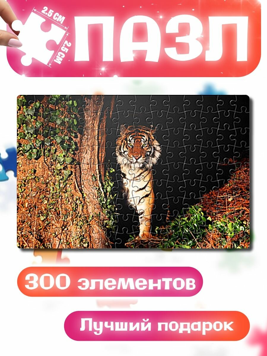 Пазлы для детей и взрослых Тигр выглядывает из темноты - большая картинка