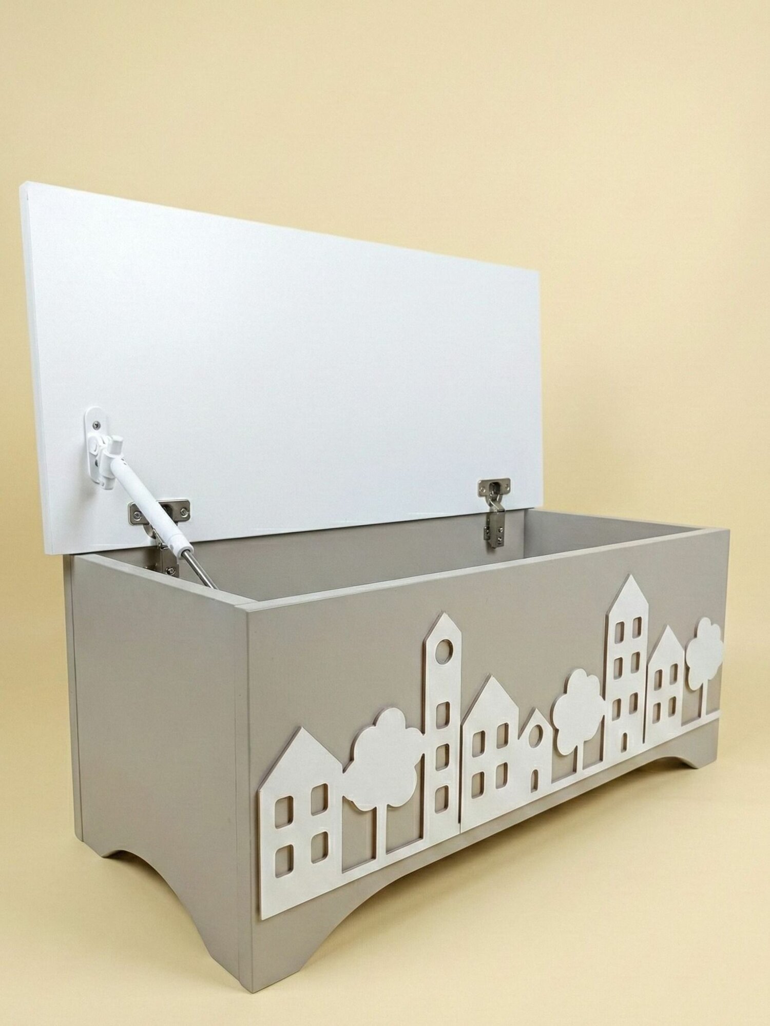 Тумба-Сундук для игрушек деревянный 67х31х28 см Микаэл CHOPURIANY, серо-оливковый. Ящик для хранения вещей напольный с крышкой и доводчиком