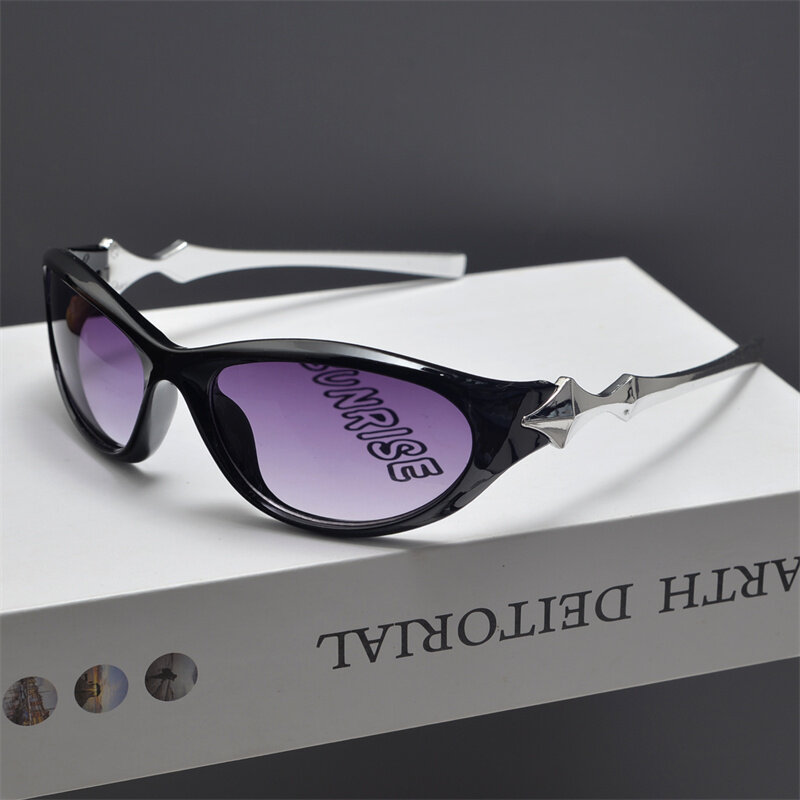 Солнцезащитные очки Y2K Millennium с футуристическим звездным декором для мужчин и женщин, модные ретро-панк хип-хоп очки, черная оправа, черные линзы