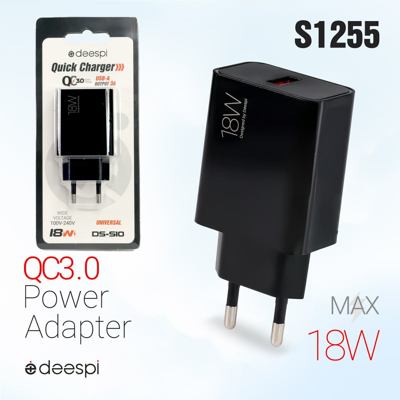 Сетевое зарядное устройство для телефона deespi S10 QC.0 18W 1USB Black / Зарядка для Andoid и Iphone / Блок питания