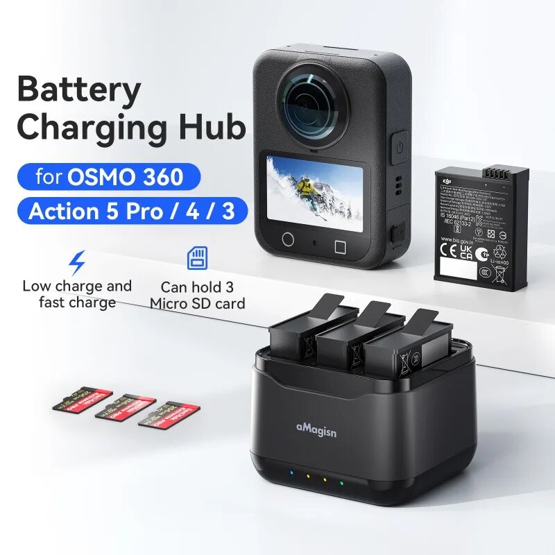 AMagisn 3-слотовое зарядное устройство для быстрой зарядки 2H Smart Battery Safe Charger Dock для DJI Osmo Action 3 4 5 Pro / Osmo 360