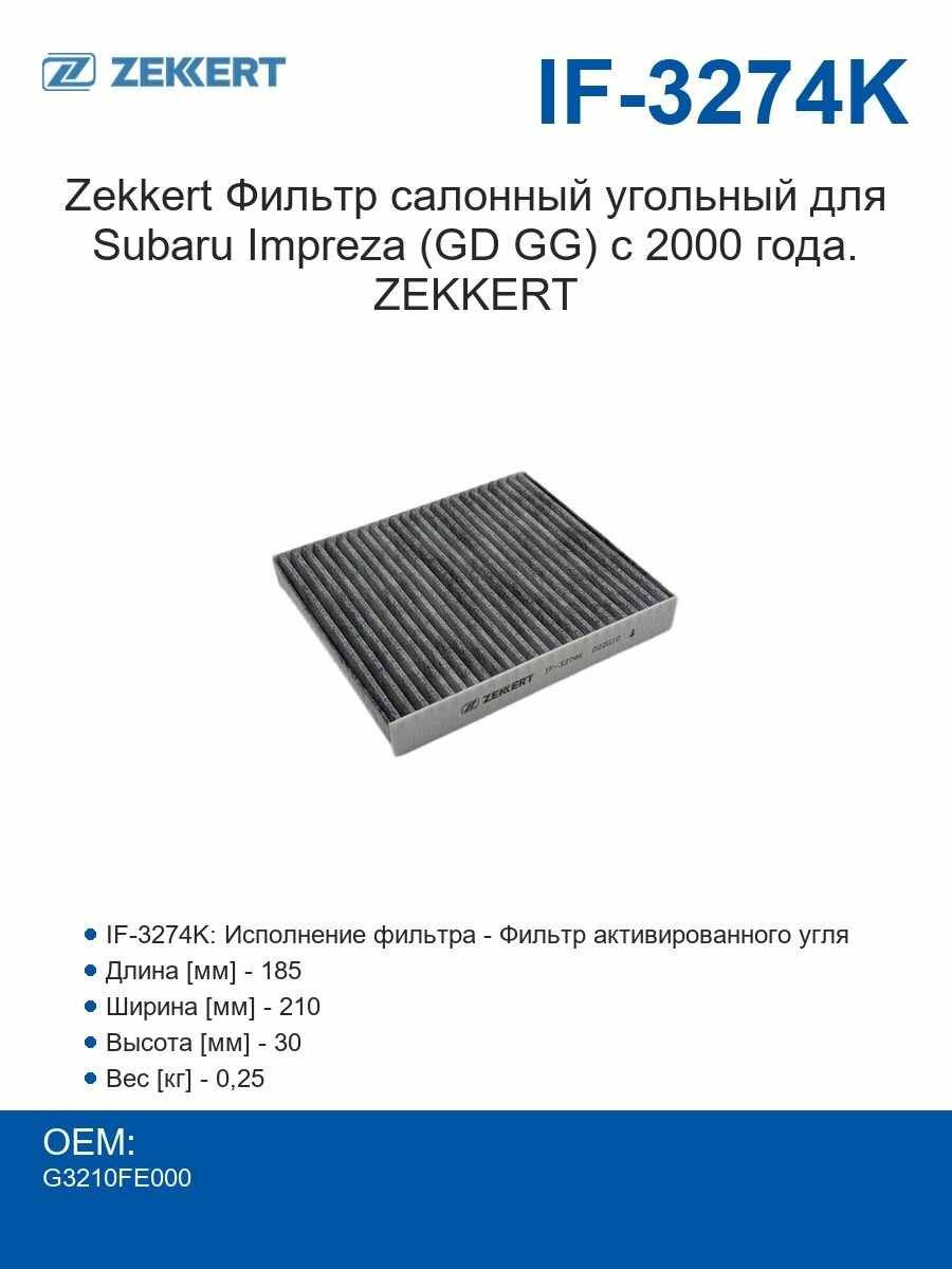 Zekkert Фильтр салонный угольный для Subaru Impreza (GD GG) с 2000 года. ZEKKERT