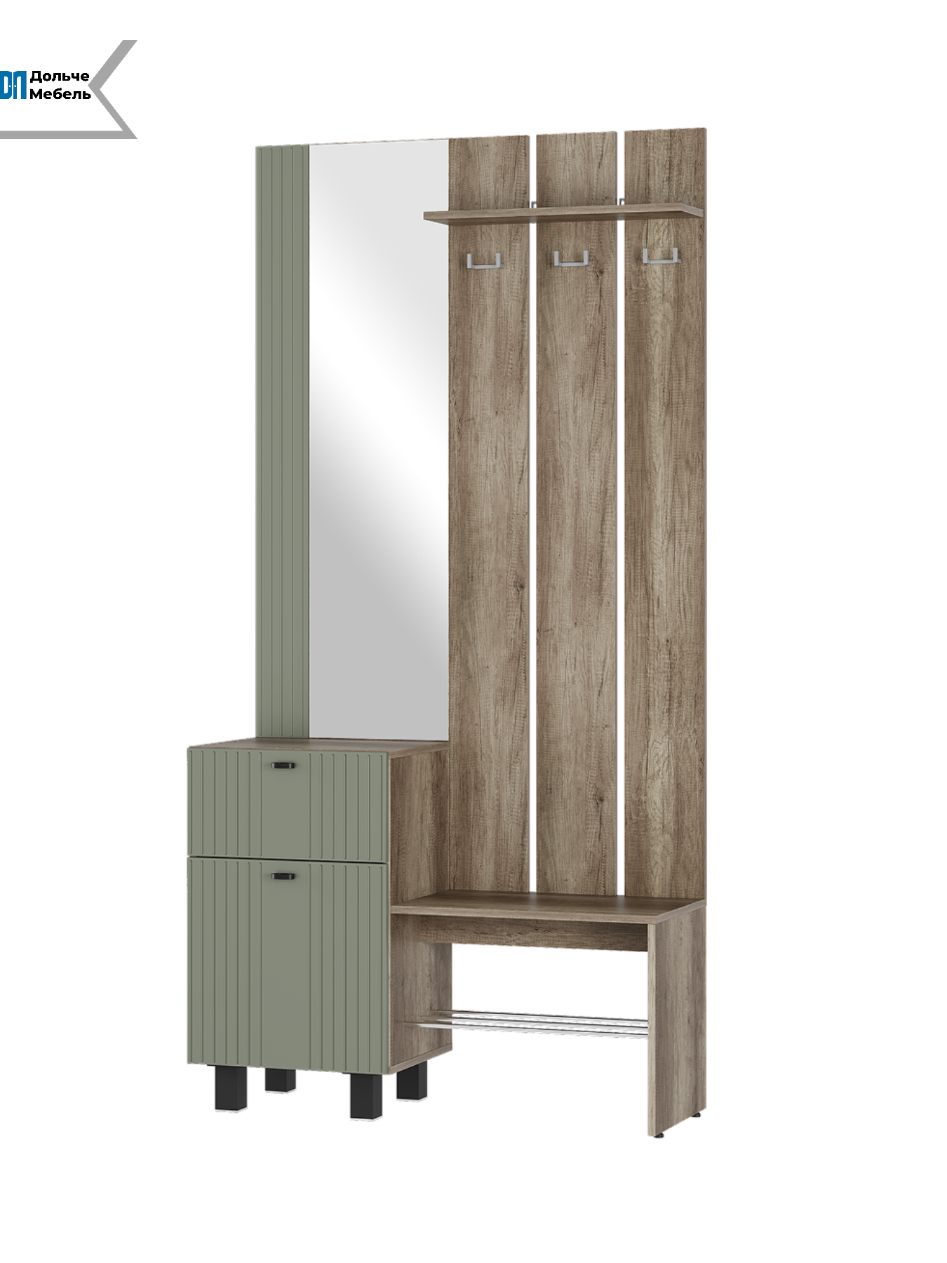 Прихожая мебель в коридор с зеркалом Олива ПР-04 100 см для узкого коридора, дуб каньон, эвкалипт софт