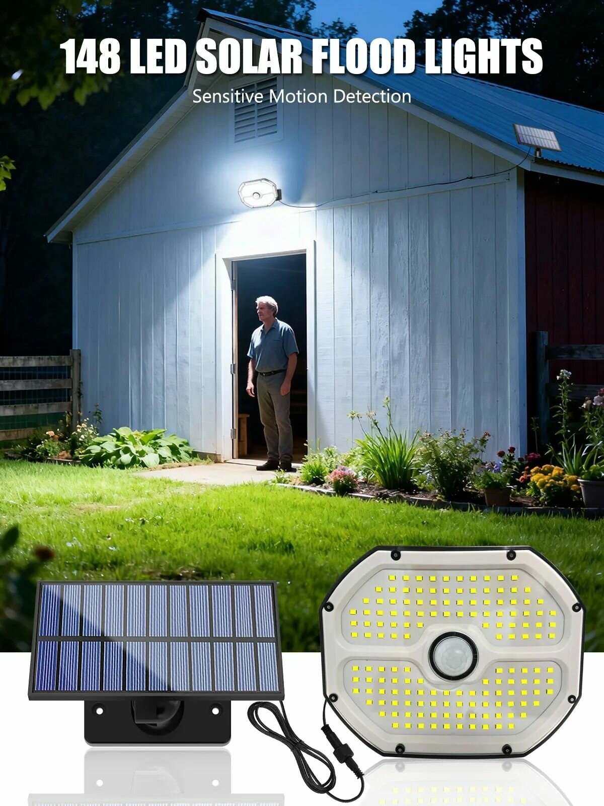 Солнечная настенная лампа с автоматическим режимом сумерек-дня, батареей 1500 мАч, датчиком движения 120 , IP65, 148 светодиодами, Проектор для сада, 3 режима работы, регулируемый угол наклона