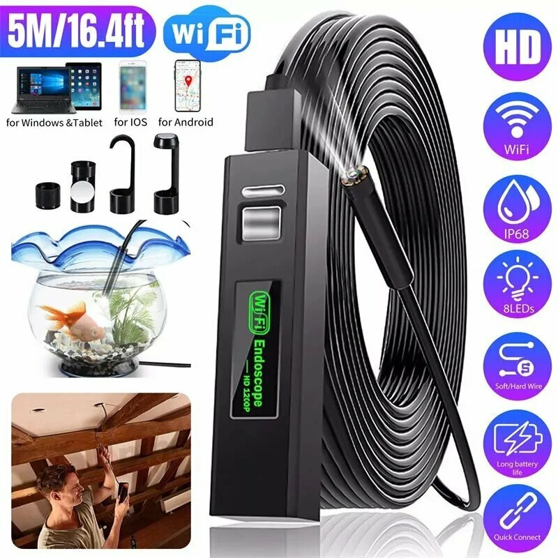 Беспроводной эндоскоп, Wi-Fi, Бороскоп, Инспекционная камера, 1200P, HD, IP68, водонепроницаемая камера-змея с 8 светодиодами для Android, IOS, планшетный ПК