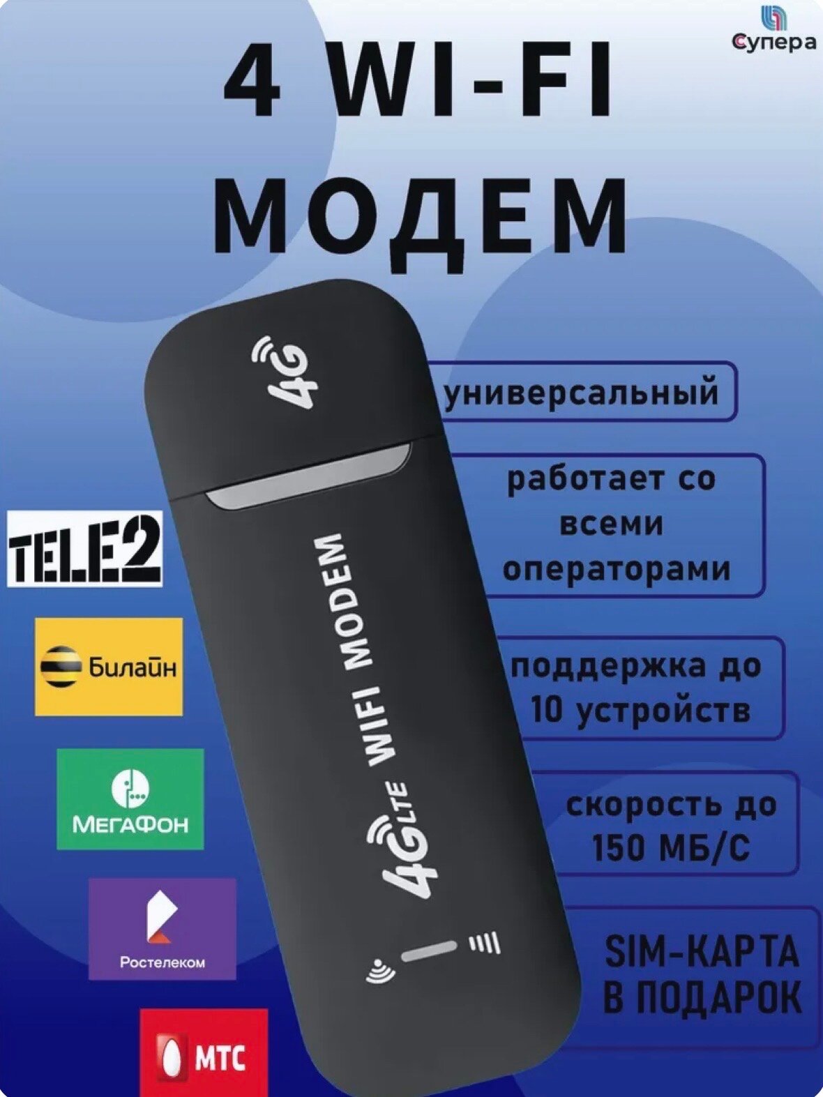 Модем Wi-Fi роутер 4g LTE с раздачей интернета на любые устройства, прошитый работает со всеми операторами