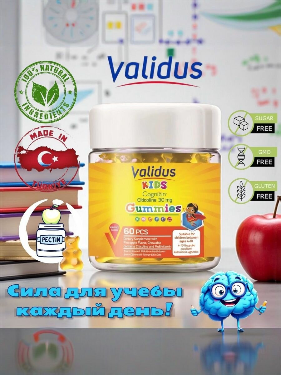 Мармеладные витамины для детей на основе пектина Validus Kids Smart Cognizin Citicoline, 60 мармеладных мишек