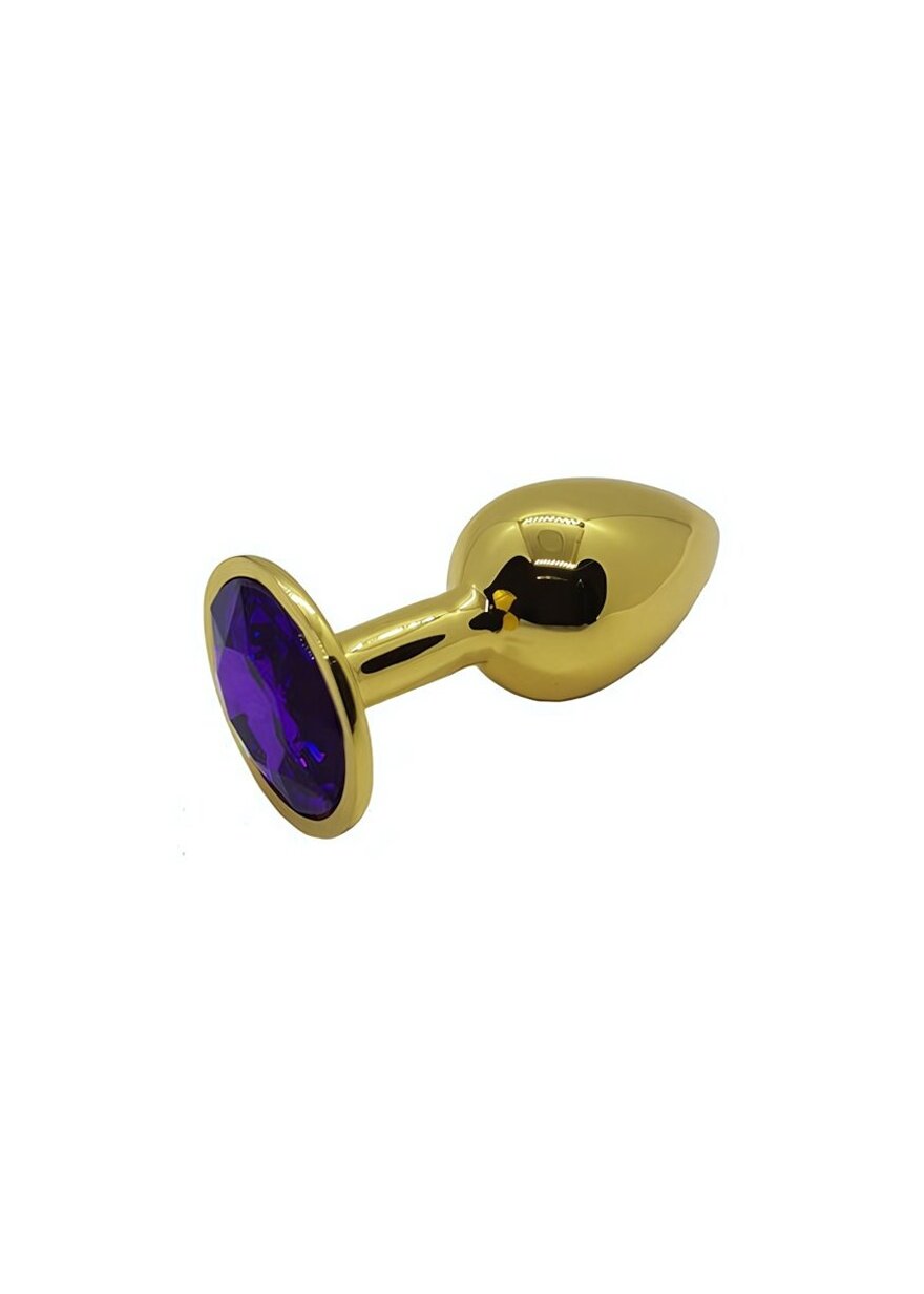 Анальная пробка металлическая 'Onjoy Metal Plug Gold Small', длина 6см, диаметр 2.8см, золотой с фиолетовым кристаллом