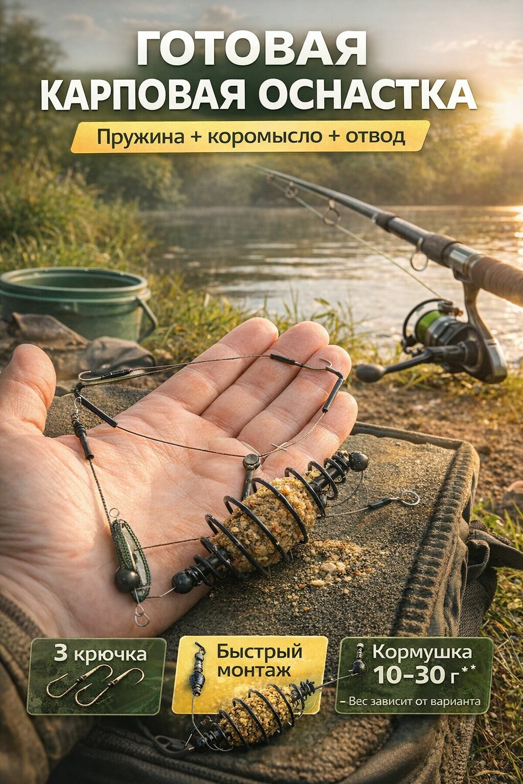 Готовая карповая оснастка с пружиной и 3 крючками, донная снасть на карася и леща, монтаж без вязки, 10-30г (3К30-КМ-ОТВ-3кр.1/0)