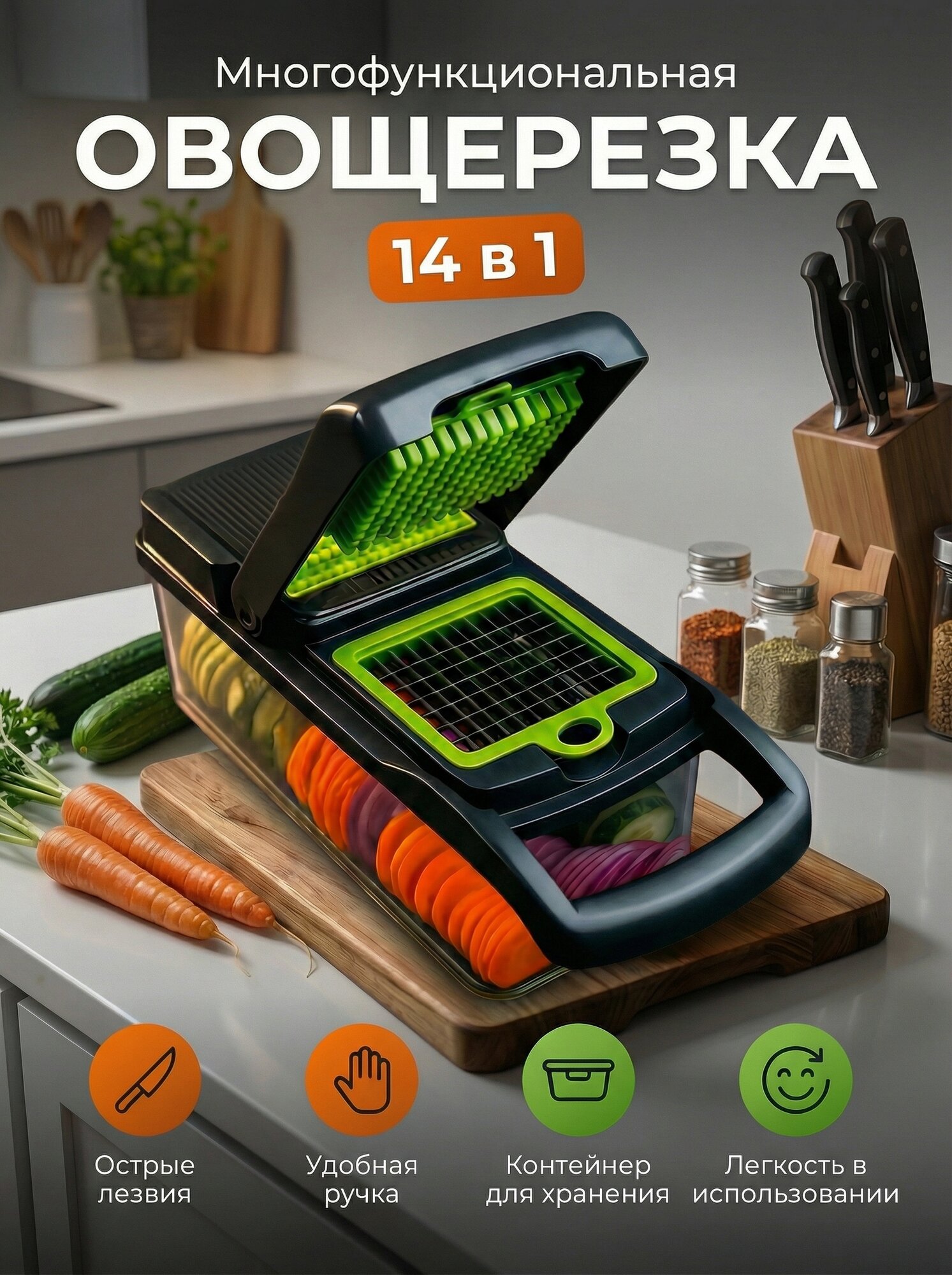Овощерезка-шинковка, 14 в 1, с контейнером, для овощей и фруктов, нержавеющая сталь
