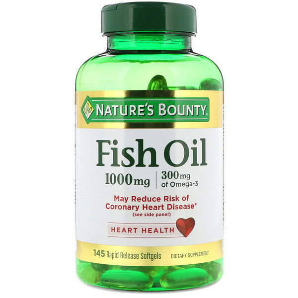 Nature's Bounty Fish Oil Omega-3 Рыбий жир 1000mg с 300mg Омега-3, с быстрым высвобождением, 145 капсул