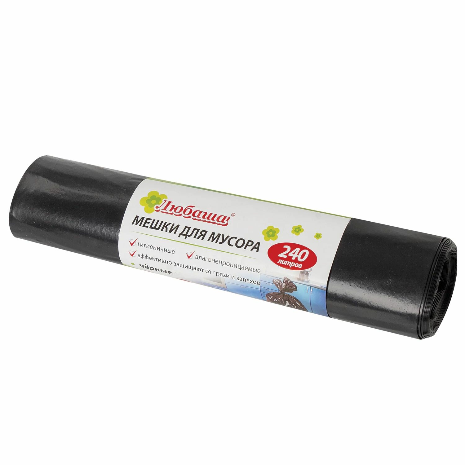 Мешки для мусора 240 л, черные, в рулоне 5 шт, ПВД 30 мкм, 90х130 см, любаша эконом, 605338