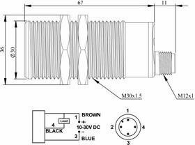 Датчик индуктивный M30 12-24 V DC дист. 10мм NPN-NO 400Гц разъем M12 EMAS SIM30FM1NSX