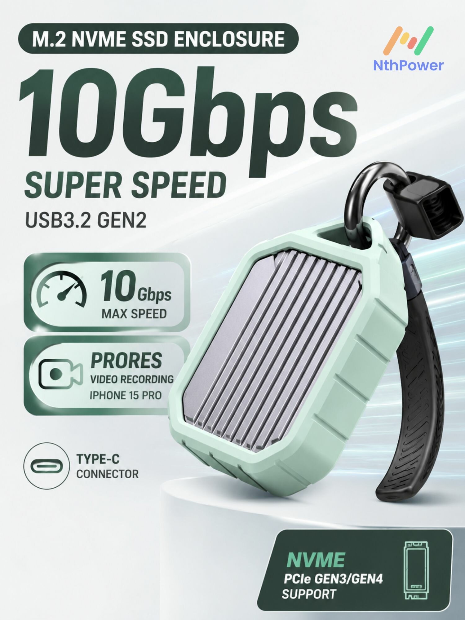Мини SSD кейс M.2 NVMe 2230 USB-C 10Gbps поддержка ProRes запись видео охлаждение Gen3 Gen4