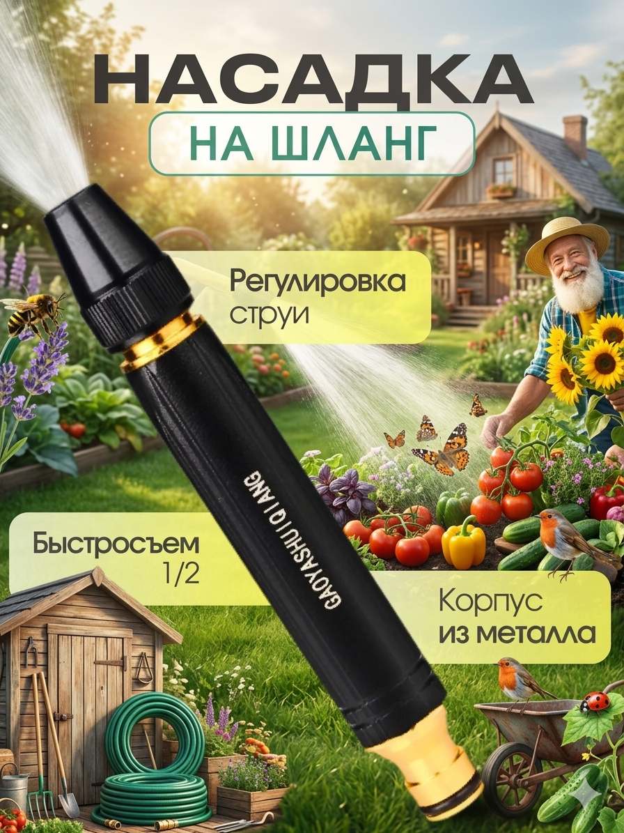 Насадка на шланг, распылитель, высокое давление, 3 режима полива, 160 мм, для шланга