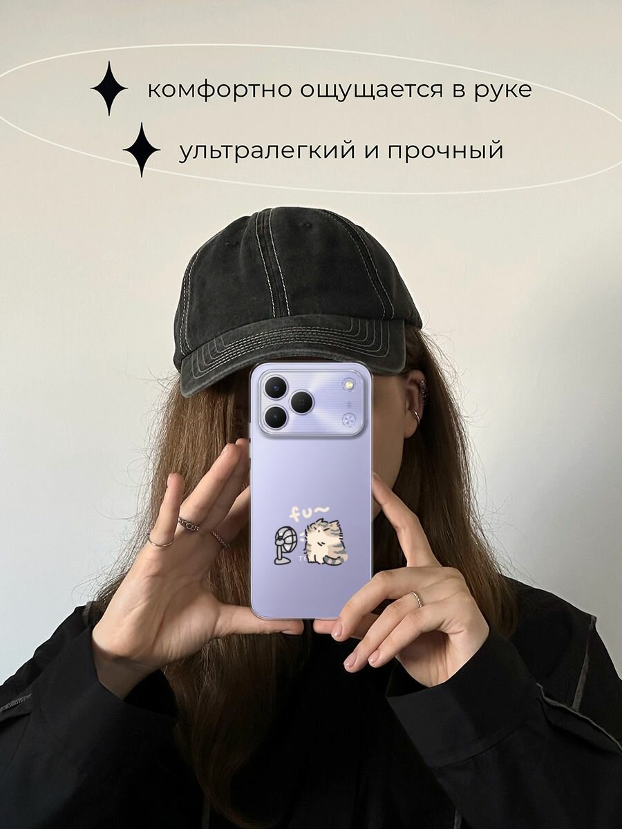 Чехол на Tecno Spark 50 / Текно Спарк 50 с принтом Котик с вентилятором, прозрачный — фото 1