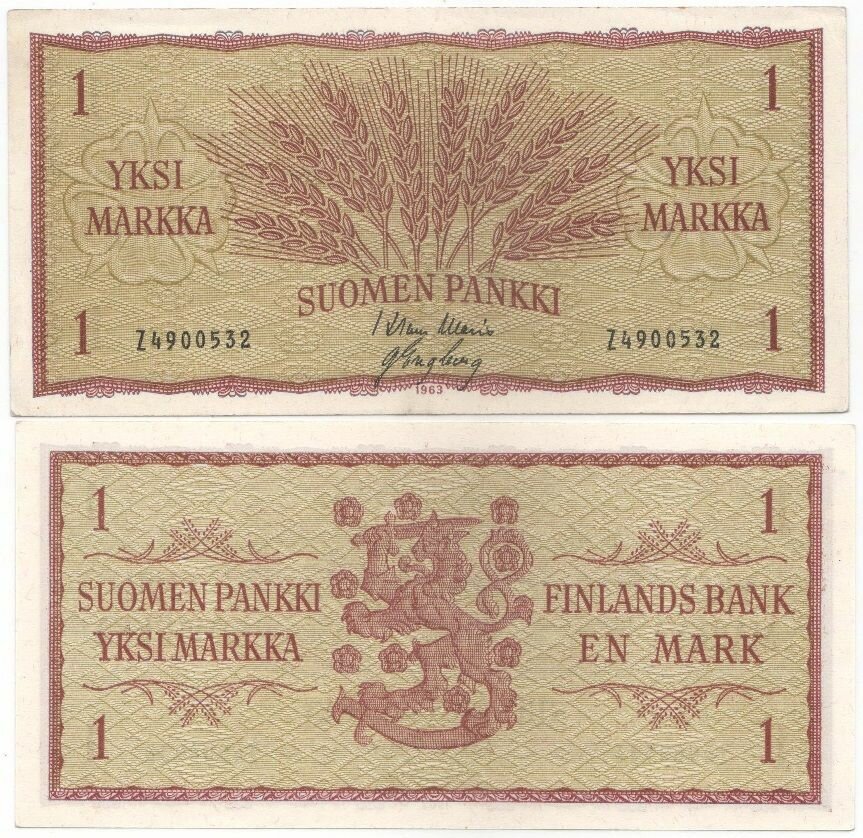 Банкнота Финляндия 1963 год 1 марка Колосья Waris - Engberg UNC