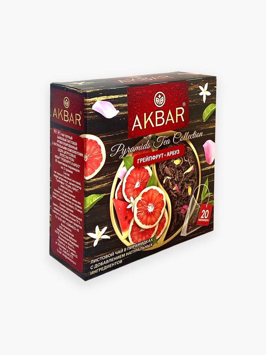 Чай в пакетиках Акбар Грейпфрут и Арбуз, листовой 20 пирамидок