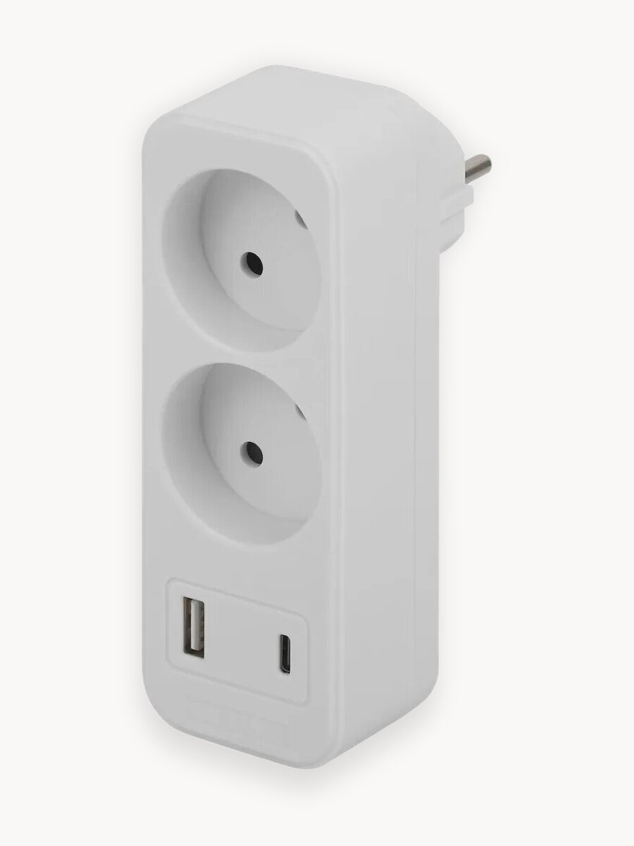 Разветвитель электрический, тройник Intro на 2 розетки + 2USB A+C, быстрая зарядка, 10А белый