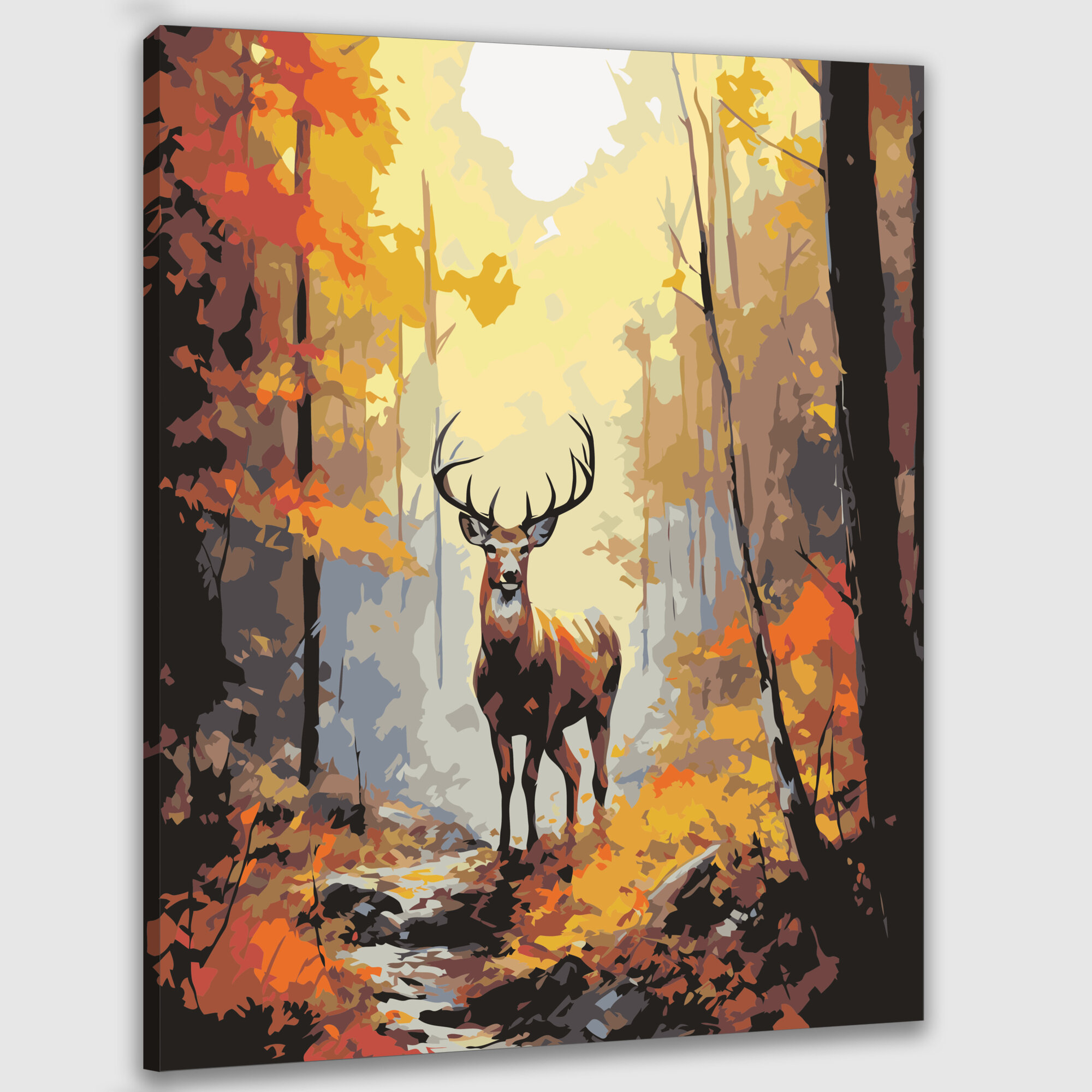 Картина по номерам 40x50 см, Олень, уголь, поляна, лес, солнце, деревья, осень, листва, покой, гармония.