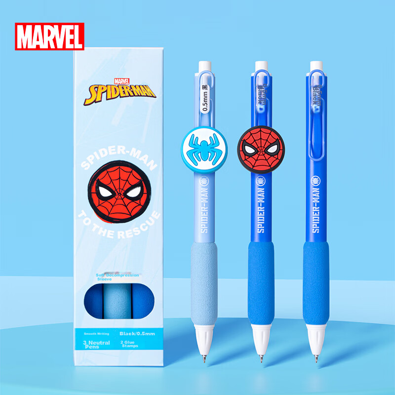 Disney Retractable Gel Pen, Stylish Student Stationery, Exam Writing Pen, 0.5mm Black Quick-Drying Signature Pen, 3-Piece Set, Marvel Spider-Man A79061-A1