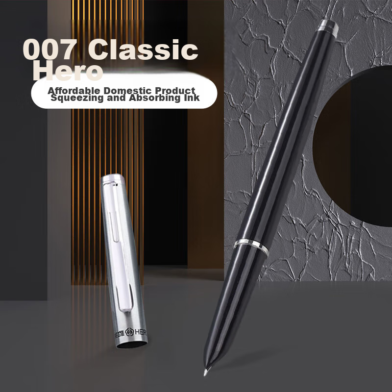 HERO Fountain Pen Classic 007, Black with Hidden Nib, Iridium Nib, Fountain Pen, Student Single Pen, F Nib