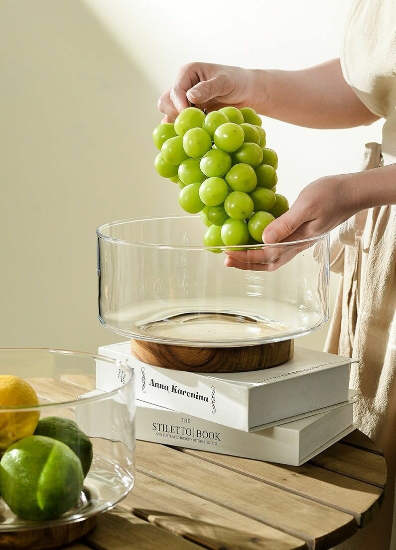 Фруктовница стеклянная на деревянной подставке, ваза для фруктов, объем 3700 мл