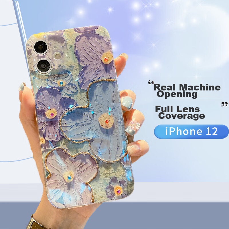 Jiangming IPhone 12 Case, Shockproof Protective Cover for IPhone 12 6.1-Inch, Full Lens Protection TPU Soft Shell, Blue Light Oil Painting Purple Flower Design for Women, Popular Style