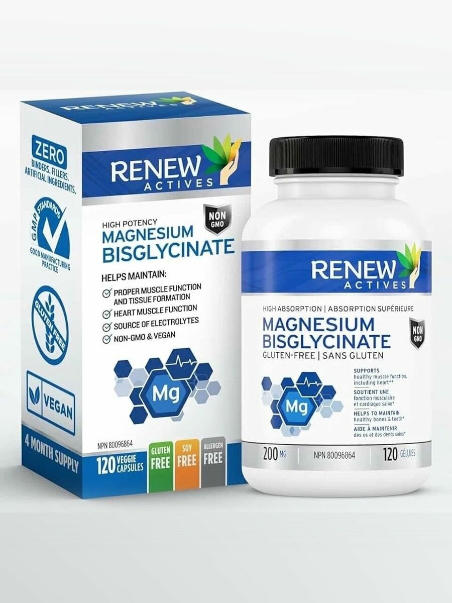 Магний Renew Actives, бисглицинат 200мг, 120капсул, для сердца, нервной системы