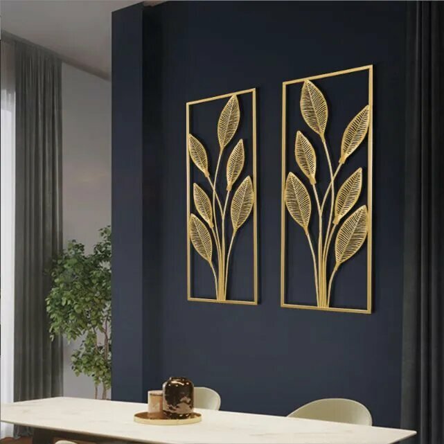 Панно на стену из металла 30*85см, Декор для дома золотые листья 2 шт