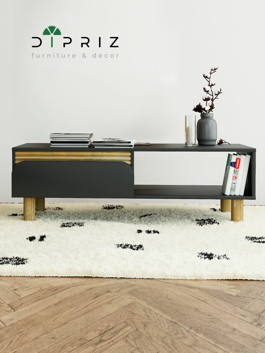 Журнальный столик 120х62х40, Ола, тумба под телевизор, с ящиком, серый / сосна, Dipriz