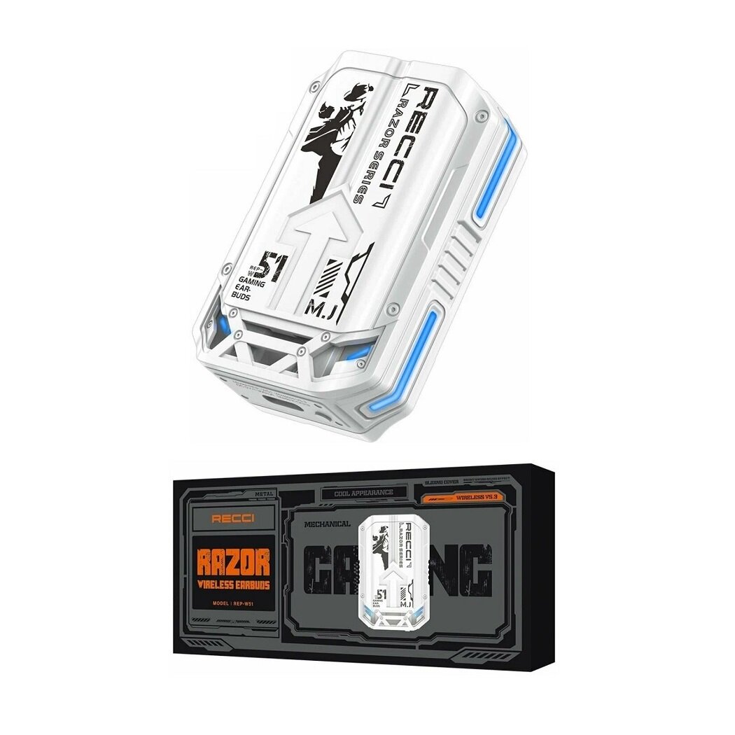 Наушники беспроводные Recci RAZOR REP-W51 TWS, металлический кейс, светящиеся, белые