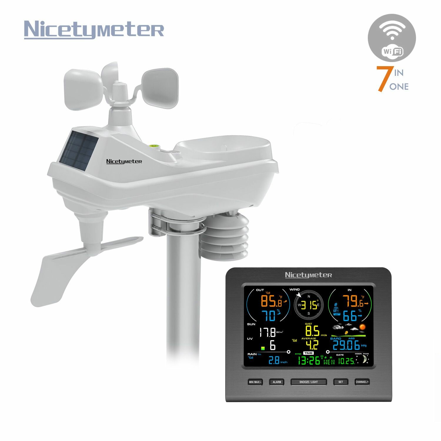 Метеостанция NicetyMeter FT-0365, 7в1, с Wi-Fi, датчик на улице, экран 5,9"