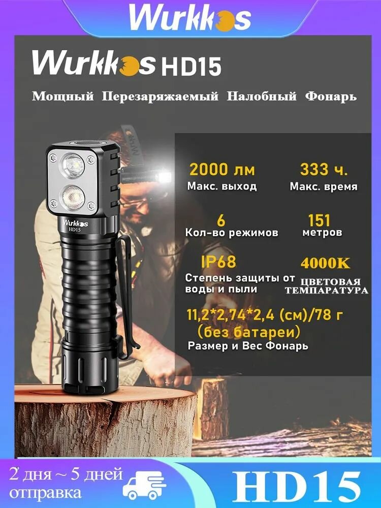 Wurkkos HD15 LH351D 4000K Черный Перезаряжаемый фонарик 18650 Налобный фонарь с аккумулятором и налобным ремнем 2000 LM