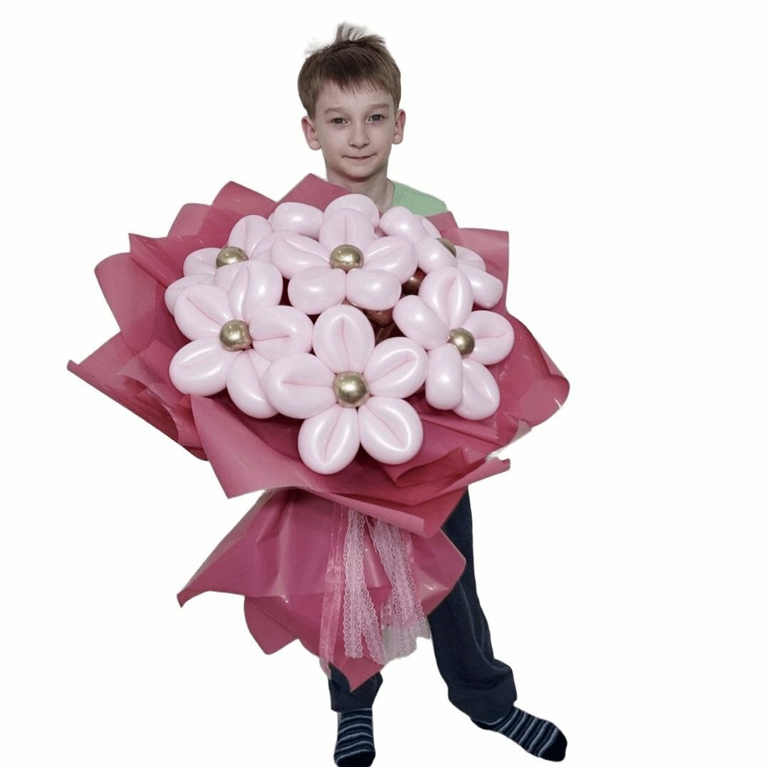 Букет розовых цветов из шаров в упаковке "От чистого сердца и с лучшими пожеланиями"