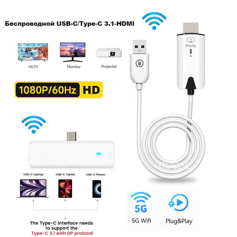 30 метров 5.8G USB-C/Type-c 3.1-HDMI Беспроводной удлинитель Видео Передатчик Приемник