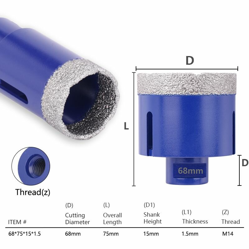 Коронка алмазная XCAN по стеклу и керамике для УШМ М14, 68х75х15х1.5мм