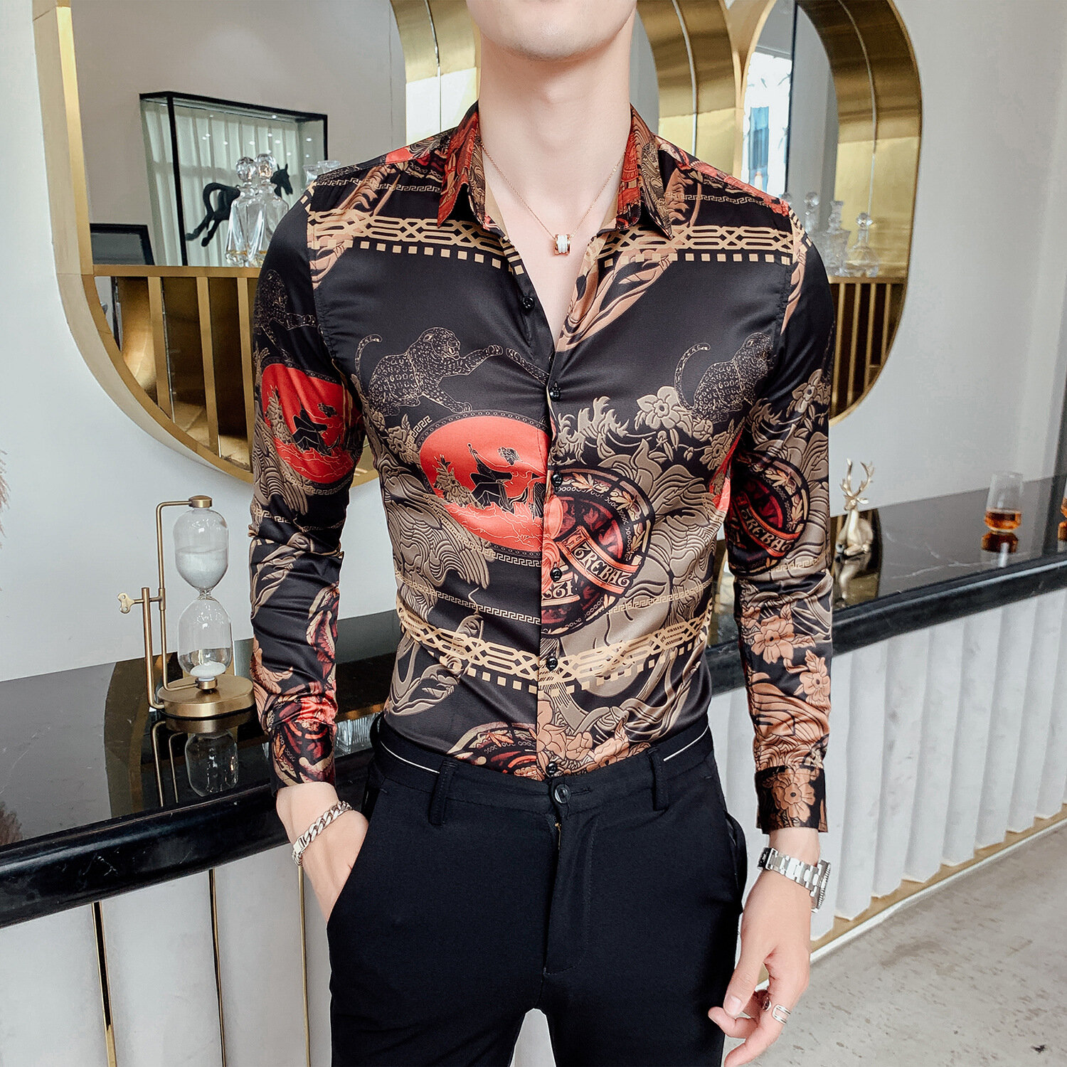 Рубашка Slim Fit с длинным рукавом с абстрактным концептом и цифровым цветком мужская рубашка с длинным рукавом